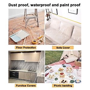 Muf 9 x 65 Feet Plastic Drop Cloth Plastic Sheeting with Masking Tape,Waterproof Protective Masking Film,Prevent Dust Paint for Car,Furniture,Carpet,Floor,1 Pack