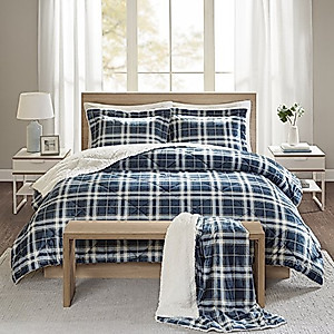 Comfort Spaces Aaron Sherpa Comforter and Throw Combo Set, Ultra Softy Fluffy Warm Checker Plaid Pattern Cold Weather Bedding, Full/Queen, Navy,CS10-0409