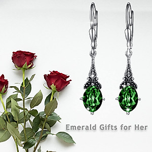 Vintage Leverback Emerald Green May Birthstone Earrings Sterling Silver Retro Drop Dangle Earrings with Oval Crystal from Austria, Birthday Christmas Jewelry Gifts for Women