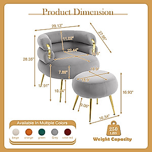 Antetek Modern Velvet Accent Chair with Ottoman, Upholstered Sofa Chair with Stylish Golden Decor, Comfy Arm Chair Leisure Lounge Chair for Living Room, Bedroom, Office, Grey