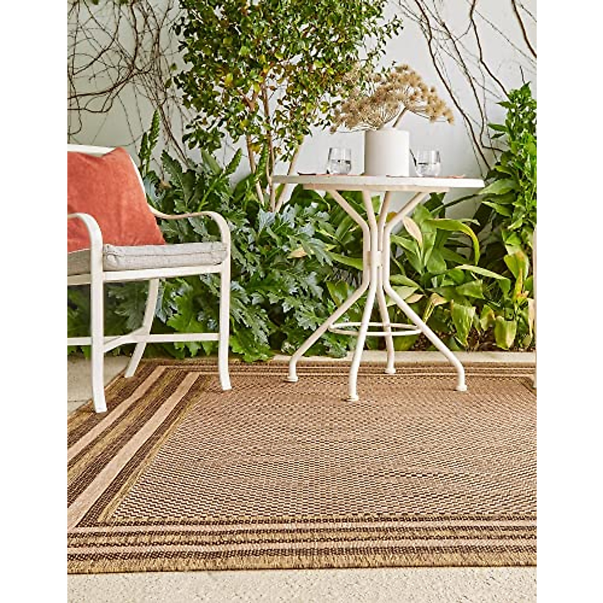 Unique Loom Outdoor Border Collection Area Rug - Multi Border (9' x 12' Rectangle, Light Brown/ Brown)