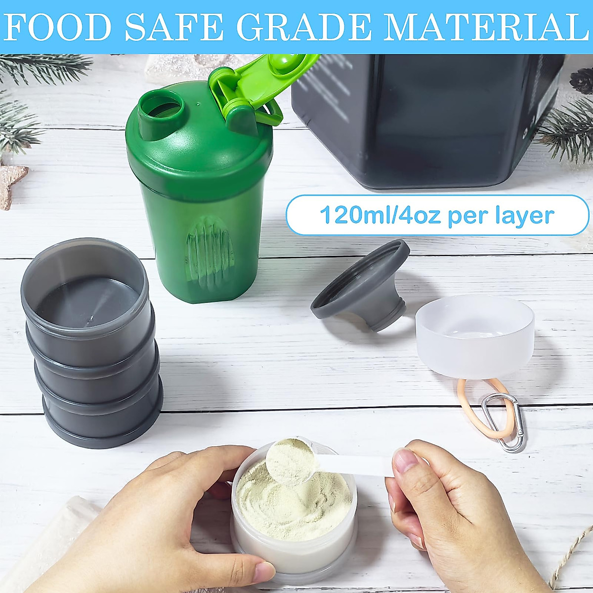 GIWOSK 2Pcs Protein Powder Travel Container, 4 Layers Stackable Leakproof Formula Container Dispenser To Go with Funnels Stand, Portable Keychain Protein Powder Container for Travel Workout Fitness