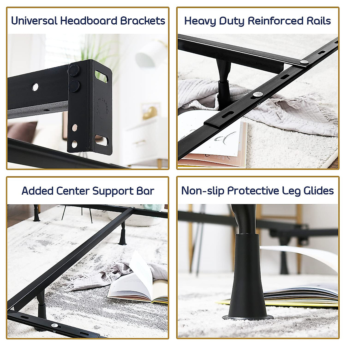 Clara Clark Adjustable Bed Frame - Double Bed Frame Expands to Queen Bed Rails, King Size Frame with Cross Rail and Center Support - 5.25” H Under Bed Frame for Box Spring and Mattress, Black