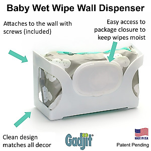 Gadjit Baby Wet Wipes, Hand Wipes Wall Dispenser | Mounts on a Wall and Holds Up to an 84 Count Pack of Wipes | Keeps Wipes Always Within Easy Reach of Messes (White)
