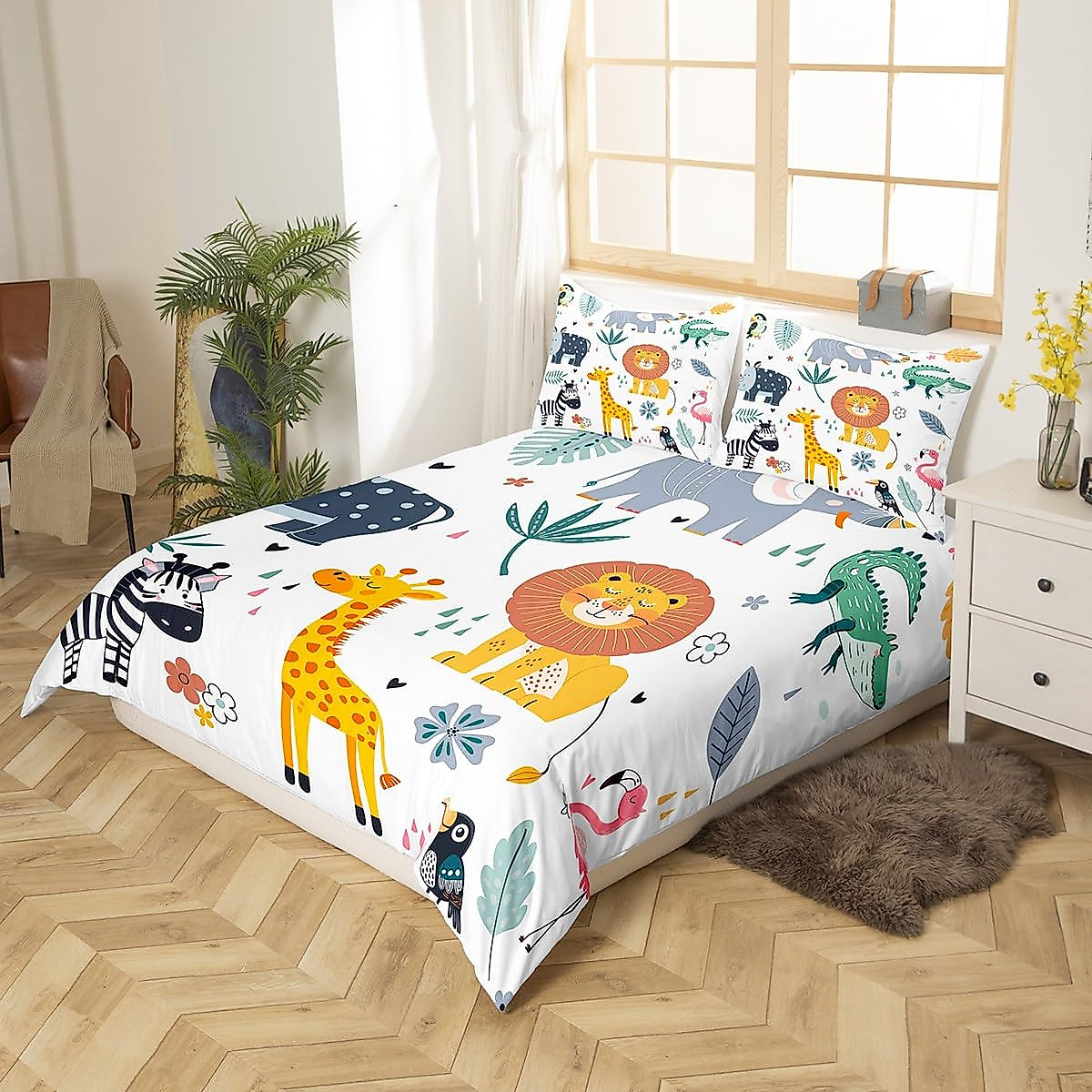 Kids Zoo Animal Duvet Cover Cute Wild Animals Bedding Set Cartoon Safari Wild Print Comforter Cover for Boys Girls Children Teens Bedroom Decor Exotic Natural Theme Bedspread Cover Full Size