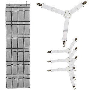 Gorilla Grip Breathable Mesh Large 24 Pocket Shoe Organizer and Nonslip Bed Sheet Straps 4 Pack, Holds Up To 40 Pounds Gray, Over Door, Sheet Straps in White, Easy Install, 2 Item Bundle
