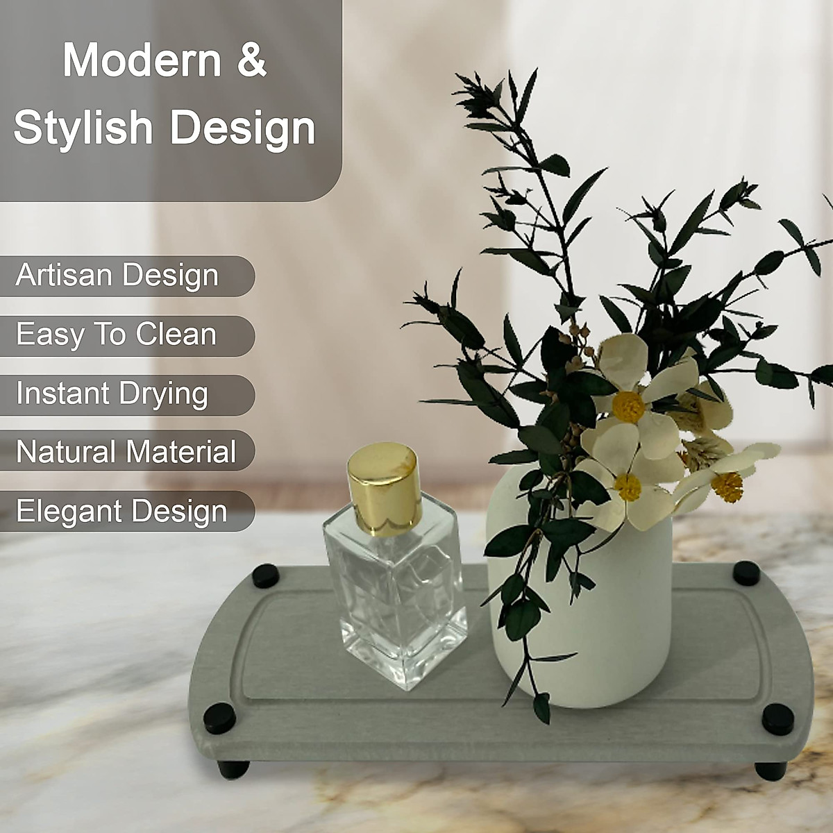 2 Pack - Kitchen Sink Organizer - Diatomaceous Earth Instant Dry Sink Organizer – Luxurious Sink Caddy Set for Bathroom and Kitchen – Stylish and Minimalist Soap and Sponge Caddy – Grey