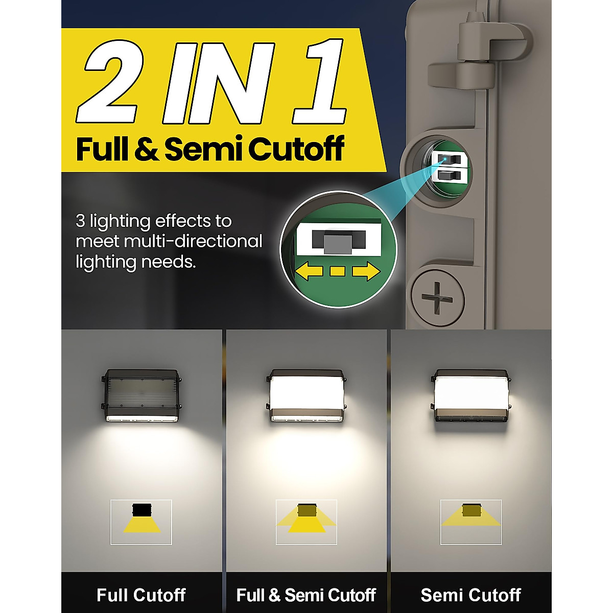 YARBO 2-in-1 Full & Semi Cutoff LED Wall Pack, 150W 120W 100W & 3000K 4000K 5000K Selectable, Timer Dimming & Photocell Wall Pack LED Exterior Light, 22500LM AC100-277V ETL Listed LED Wall Pack Light