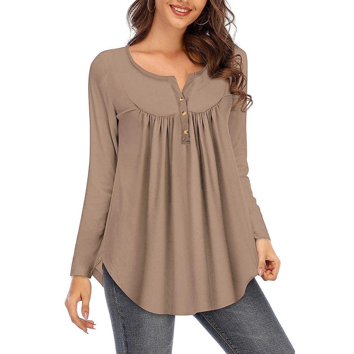 Beauhuty Womens Long Sleeve Tops Casual Henley V-Neck Loose Fit Pleated Tunic Shirt Blouses (Long-Light Coffee,S)