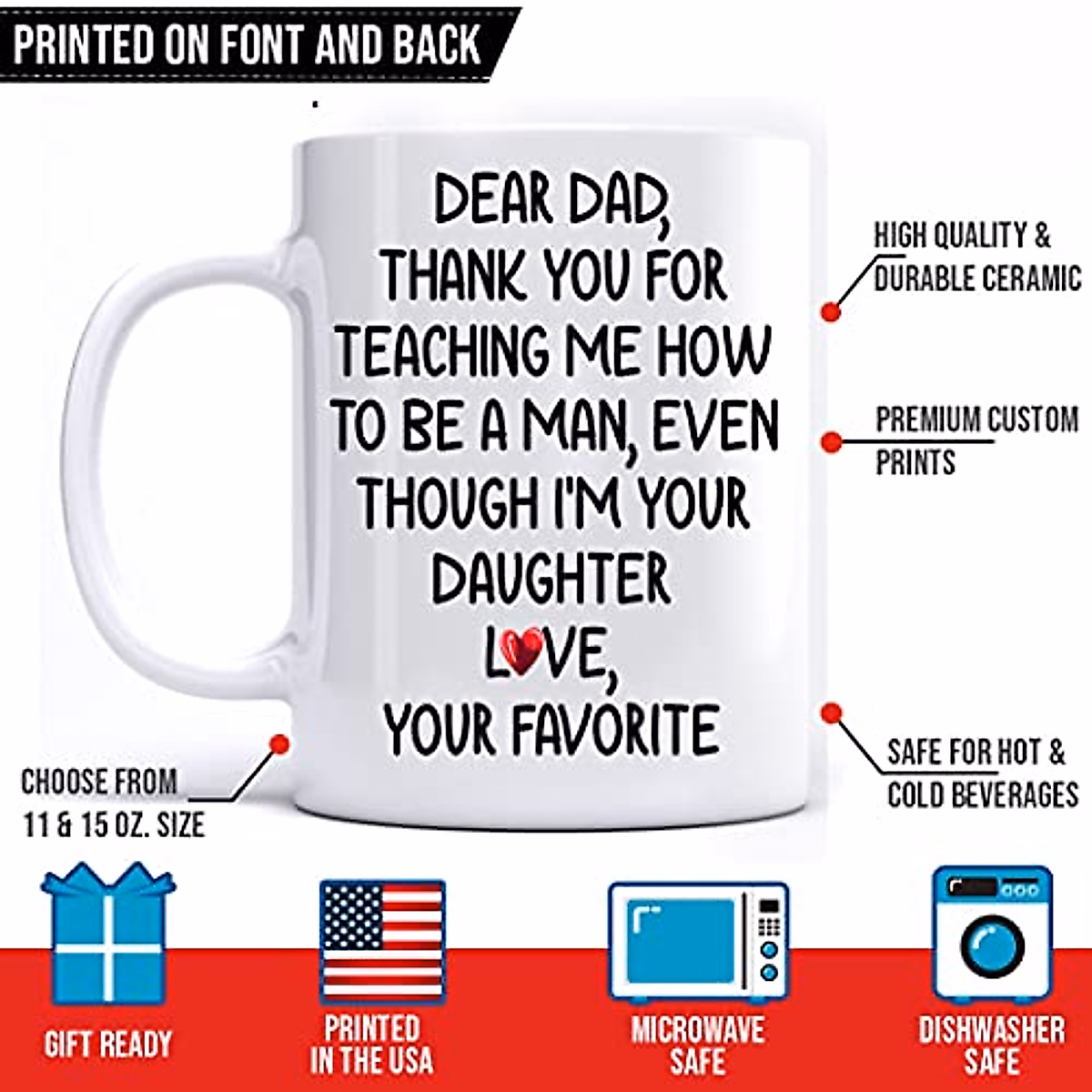 kobalo Dad Gifts From Daughter, Dear Dad Thank You For Teaching Me How To Be A Man, Even Though I'm Your Daughter Love Coffee Mug Cup Best Gift For Father's Day Funny Novelty Mugs 11oz White