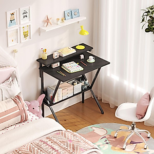 COTUBLR Small Desk, 27.5 Inch Small Computer Desk for Small Spaces, Computer Desk with Adjustable Monitor Stand, Compact Desk with Storage, Tiny Desk Study Desk for Bedroom Home Office, Black