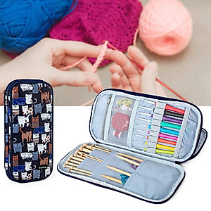 Teamoy Afghan Crochet Hook Case(up to 11" Long), Tunisian Crochet Organizer Bag for Ergonomic Crochet Hooks, Knitting Needles and Accessories, Cats Blue
