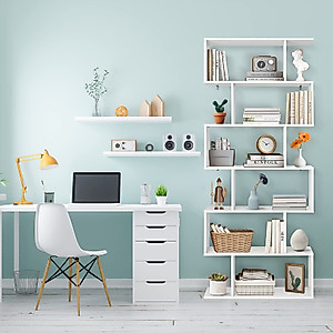 Giantex Geometric Bookcase White, S-Shaped Wooden Bookshelf, 6-Tier Modern Freestanding Decorative Storage Display Shelves for Bedroom, Living Room