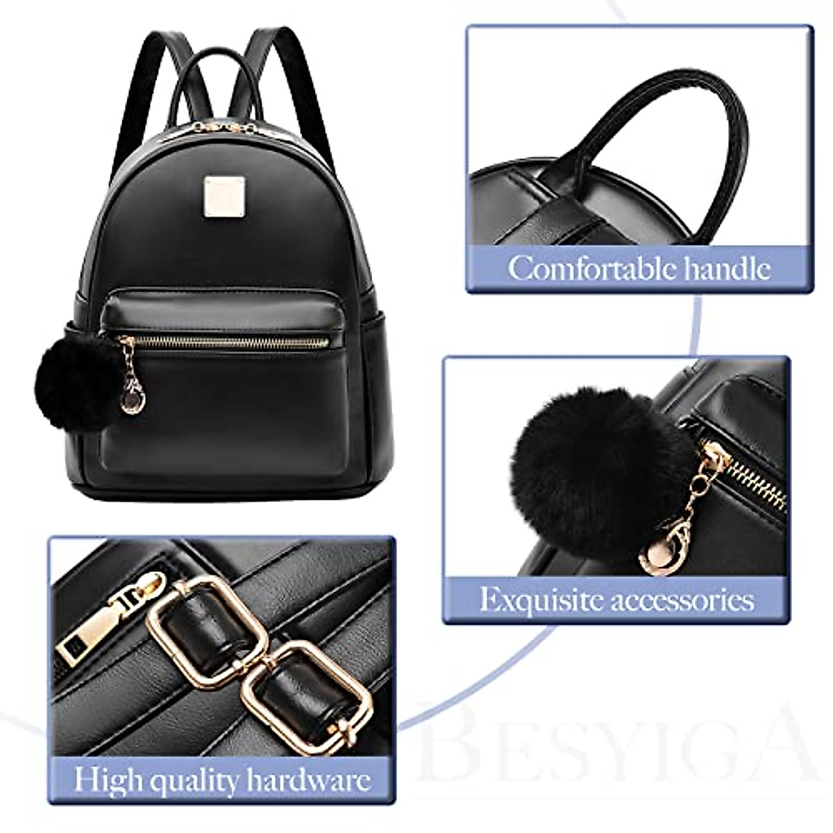 BESYIGA Girls Fashion Backpack 3-Pieces Leather Mini Backpack Purse for Women Satchel School Bags with Pompom Casual Travel Daypacks White