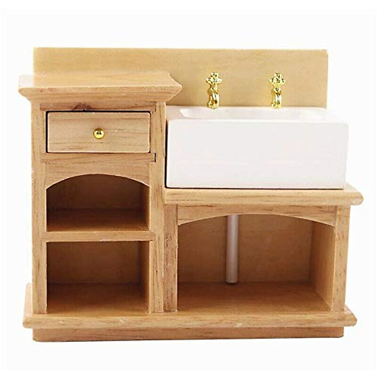 EatingBiting Mini House Bathroom Kitchen Decor Sink 1/12 Wooden Wash Basin Cabinet with Ceramic Hand Sink for Bathroom Kitchen Decoration Accessories