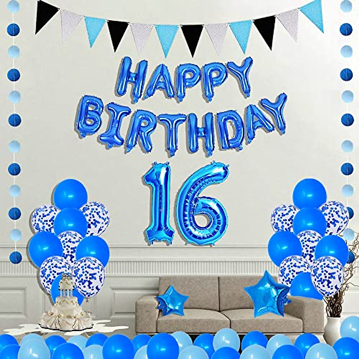 Succris 16TH Blue Theme for 16 Years Old Birthday Party Supplies Blue Happy Birthday Banner Blue Circle Dots Garland Paper Hanging Triangle Flag Banner Confetti balloons Number 16 Blue