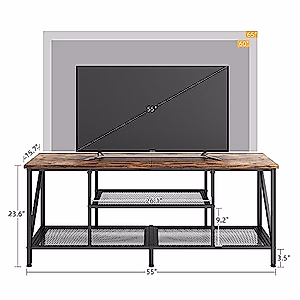 CAIYUN TV Stand 55 Inch TV, Modern Entertainment Center for 50/55/60/65 Inch TV, 3-Tier Industrial Television Stand with Open Storage Shelves, TV Stand for Bedroom, Rustic Brown