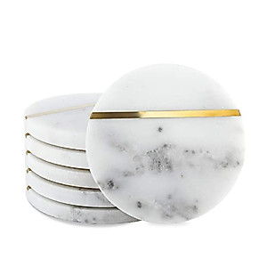 HighFree 6 Pack Absorbent Marble Coasters with Gold Brass Inlay, Handcrafted White Marble Coasters for Coffee Table Drinks/Bar Glasses, 4 Inches