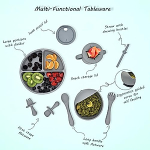 Silicone Baby Feeding Set -16 piece Baby Led Wearing Supplies with Suction plates for toddlers, bowls, Baby Utensils, Snack Cup, Sippy Cups, Toddler Utensils items Gray 6+ Months essentials must have.