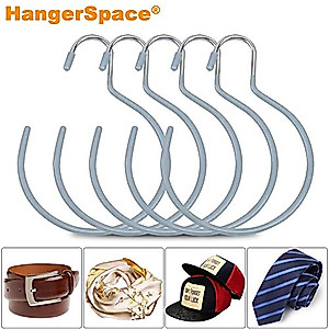 HangerSpace Scarf Ring Hanger Belt Rack, 5 Pcs Non-Slip Tie Hanging Hooks Closet Accessories Organizer Storage Holders for Ties Scarves Belts and Jewelry(5, Grey)