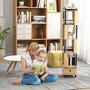 YAGEANNL 4 Tier Rotating Bookshelf with Wheel, 59" Tall Spinning Bookshelf Tower for Kids, Swivel Revolving Bookcase with Drawer Small Corner Bookshelf for Bedroom Library Classroom Narrow Space