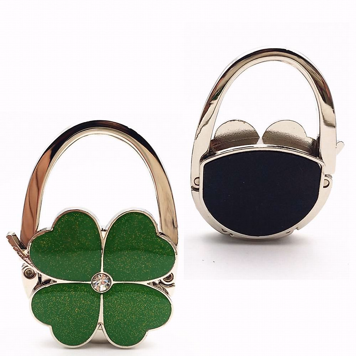 ROFLYER Four Leaf Clover Design Foldable Handbag Hanger Folding Purse Table Hook Holder, with Velvet Pouch(Green)