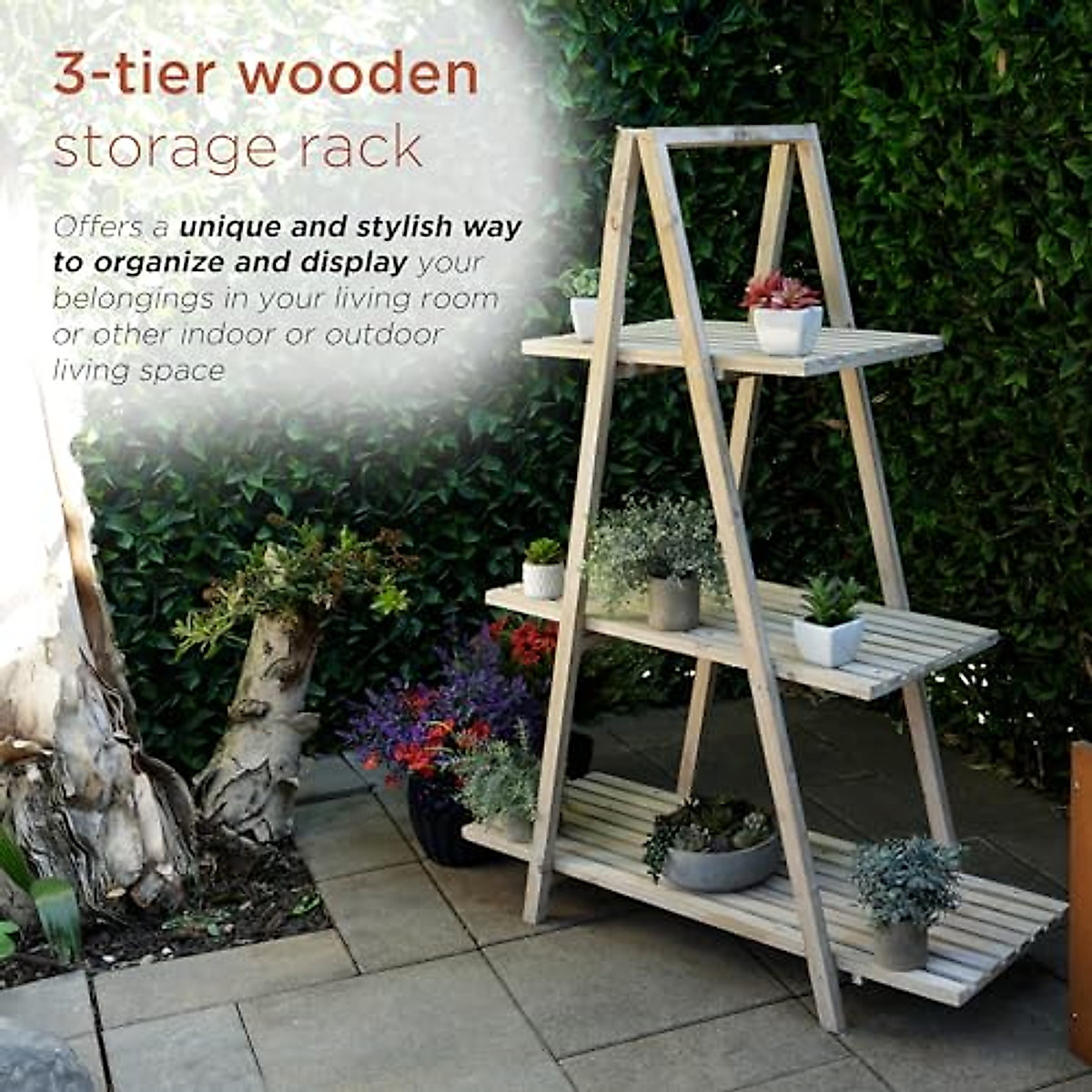 Alpine Corporation MBB168 Wood 3-Tier Triangular Storage Rack for Books, Plants, Decor, Rustic Display Rack with 3 Shelves