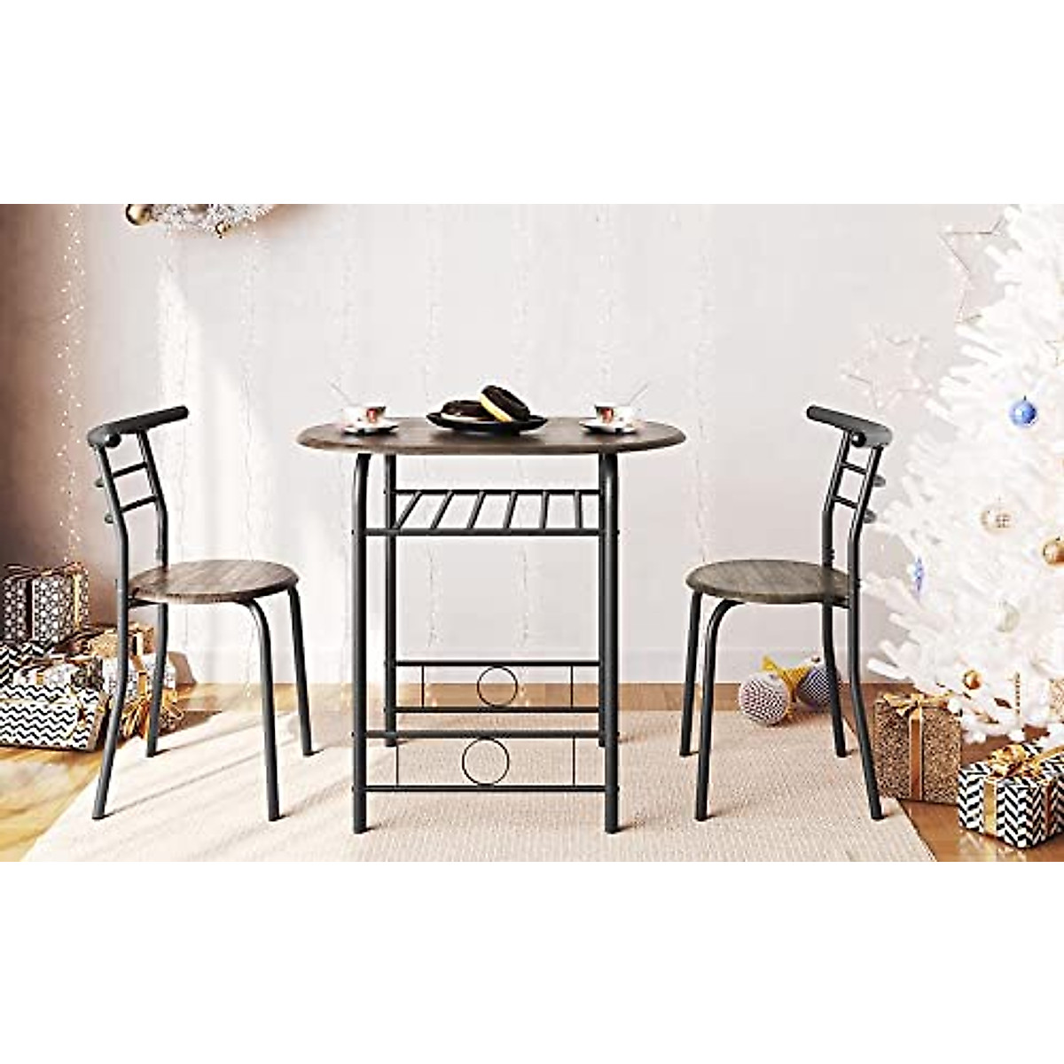 Topeakmart 3 Piece Kitchen Table Set - Dining Table Sets for 2 - Compact Table and Chairs w/Steel Frame & Shelf Storage for Small Spaces, Apartment,Bistro - Drift Brown