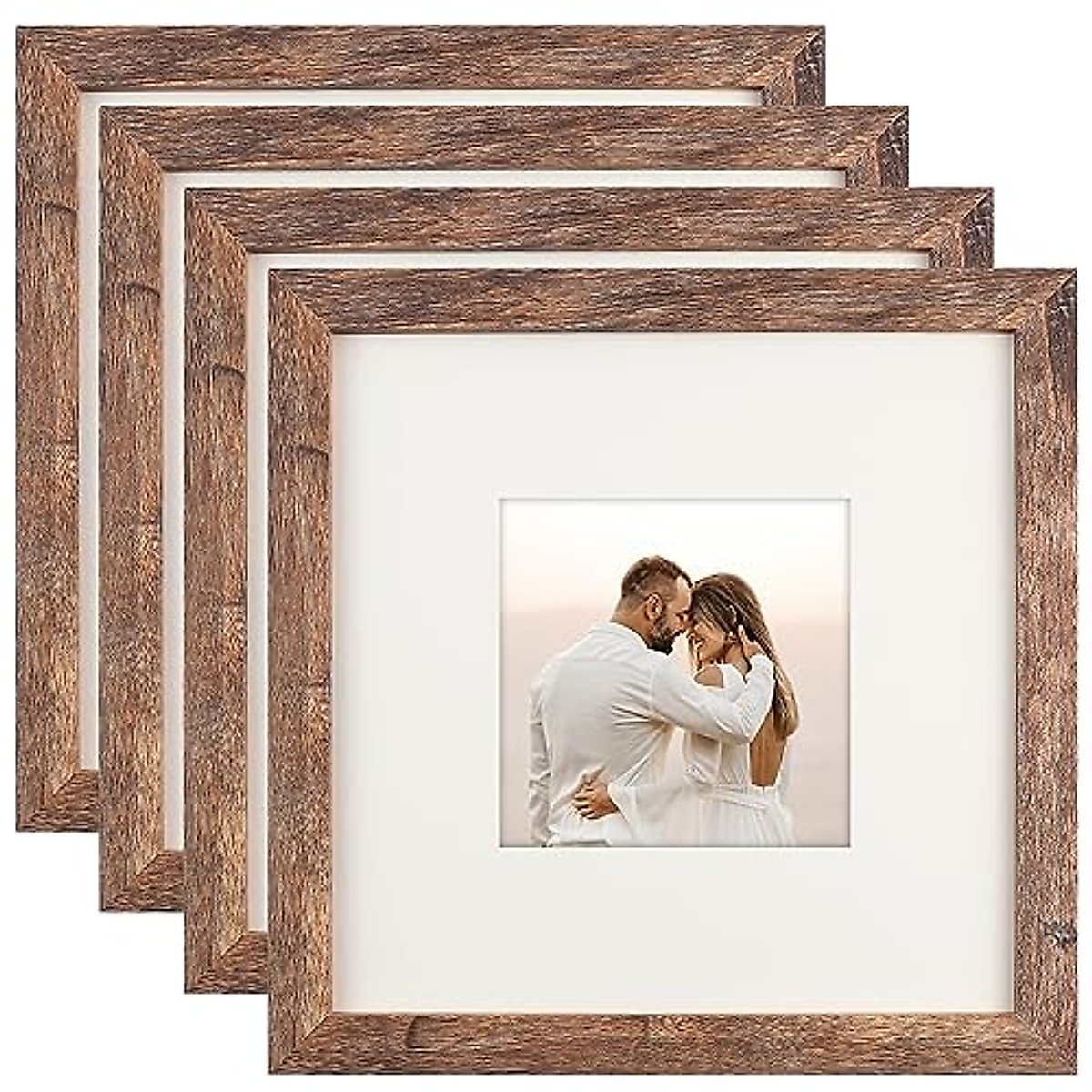 AVEAX 8x8 Picture Frames Display Pictures 4x4 with Mat or 8x8 Without Mat, Set of 4 Square Photo Frame for Wall or Tabletop Brown