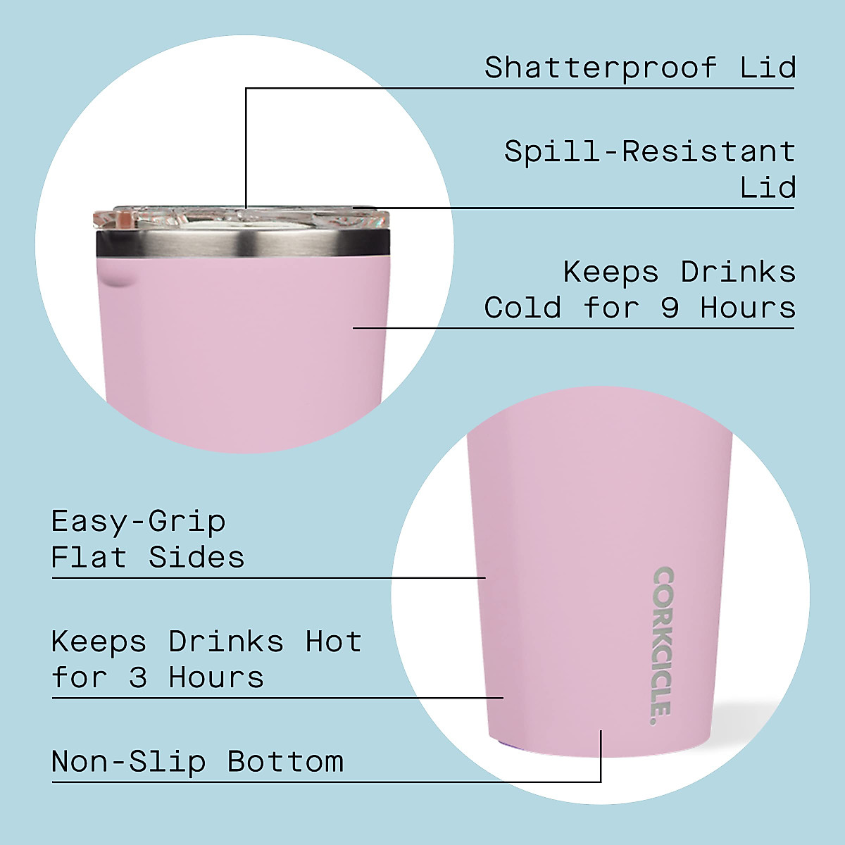 Corkcicle Classic Triple Insulated Coffee Mug with Lid, Gloss Rose Quartz, 16 oz – Stainless Steel Travel Tumbler Keeps Beverages Cold 9+hrs, Hot 3hrs – Cupholder Friendly Travel Coffee Tumbler