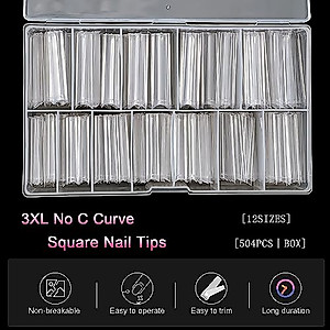 504Pcs No C Curve 3XL Extra Long Square Nail Tips for Acrylic Nails Professional, SWETIDY Clear Straight Flattened Half Cover False Nails Tips with Case for Nail Salons and Home DIY, 12 Sizes