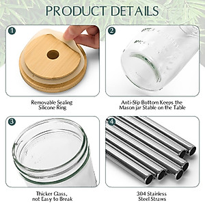 Dearwell Mason Jar Cups with Lids and Straw,Bubble Tea Cups,24 Oz ECO Reusable Wide Mouth Bamboo Lids Drinking Glasses,Glass Tumbler for Juice Coffee Milkshake Jam, Juices, Honey, Cocktail(Set of 6)