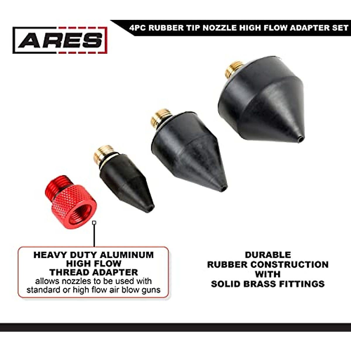 ARES 17005 – 4-Piece Rubber Tip Nozzle Accessory Set for Any Air Blow Gun – Includes 3 Rubber Tip Sizes and High Flow Adapter – Rubber Tips Protect Finished Surfaces During Use