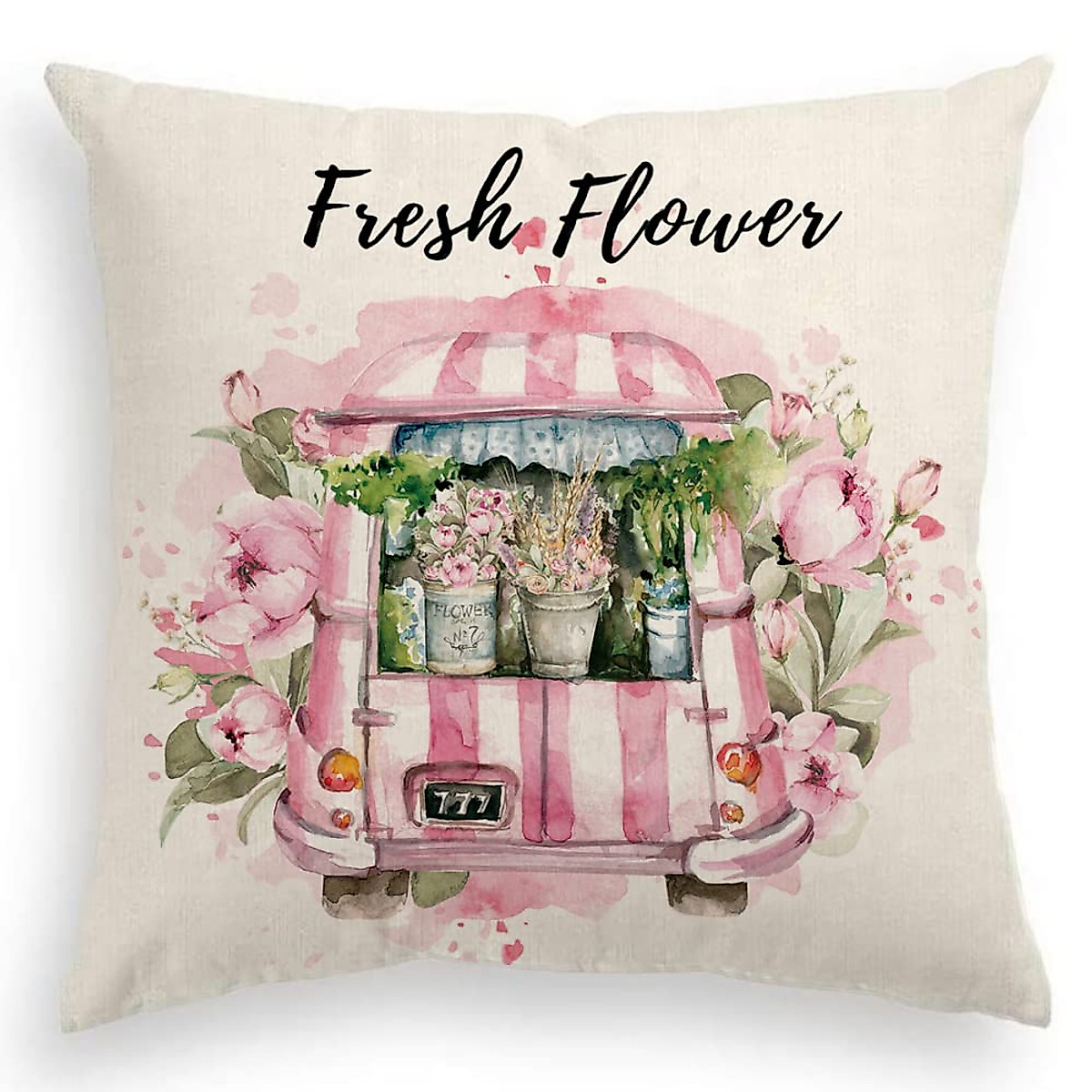 INSHERE Throw Pillow Covers Spring Decorations 18x18 Inch Set of 4，Fresh Flower Truck Garden Oil Painting Style Linen Pillowcase，Decoration for Sofa, Bedroom, Car (Spring 1)