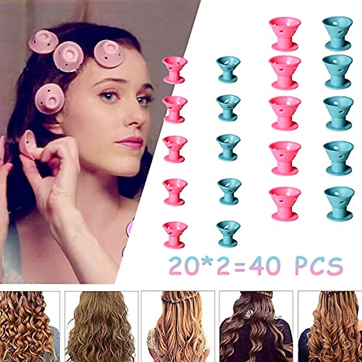 40 Pcs Magic Hair Rollers, Smilco Silicone Hair Curlers Set Including 20 Large and 20 Small for Women Girls (Pink&Blue)