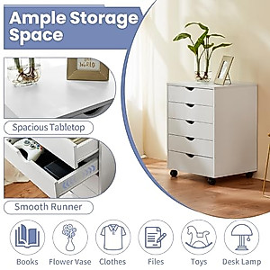 NEWBULIG 5 Drawer Storage Organizer, Wood File Cabinets with Wheels, Large Printer Stand for Home Office Study Dressing Room