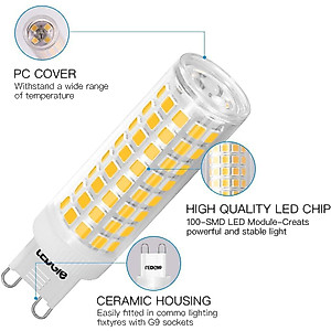 LEDGLE 5Pcs G9 LED Bulb 10W(100W Halogen Equivalent), 100LEDs 900LM 3000K Warm White Light for Ceramic G9 Bi Pin Base, Suit for Ceiling Chandeliers Light, No Flicker, Non-dimmable