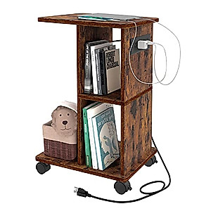 HILINSIE C Shaped End Table with Charging Station - Narrow Side Table with USB Ports and Outlets for Small Spaces, 3-Tier Storage Shelves Nightstand, 11.9 x 15.8 x 21.7 Inches, Rustic Brown
