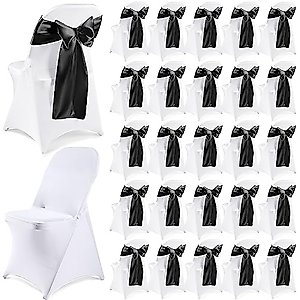 Lounsweer 50 Pcs Stretch Spandex Folding Chair Cover and Satin Chair Sashes Bows Chair Slipcovers Chair Ribbon Bows Washable Chair Cover Protector for Wedding Banquet Party (White, Black)