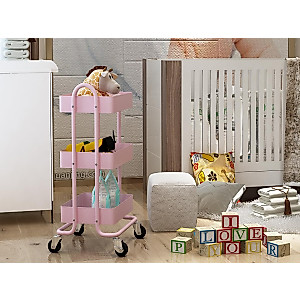 MIOCASA 3-Tier Metal Utility Rolling Cart, Heavy Duty Multifunction Cart with Lockable Casters, Easy to Assemble, Suitable for Office, Bathroom, Kitchen, Garden (Pink)