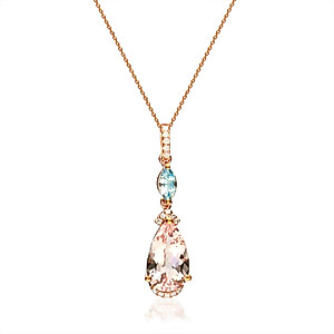 Gin & Grace 10K Rose Gold Genuine Morganite, Genuine Aquamarine with Natural Diamond (I1,I2) Pendant Necklace for Women