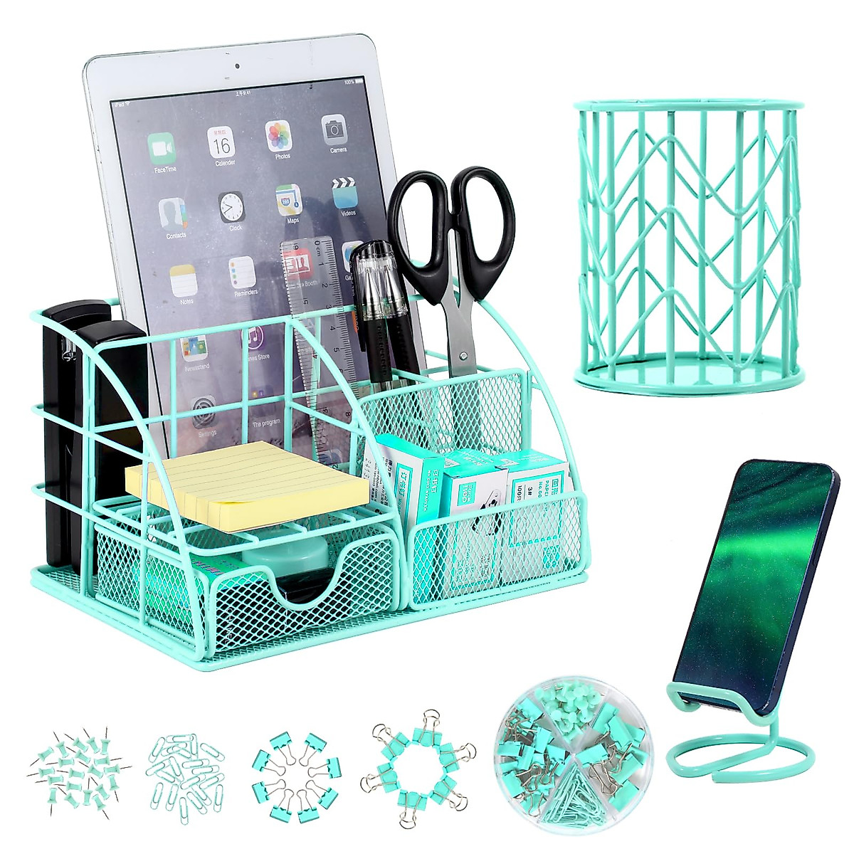 Desk Organizers and Accessories Office Supplies Organizer with Pen Holder, 72 Clips Set and Phone Stand, Metal Mesh Desktop Organizers with Drawer for Home, Office, School Ect (Rose Gold)
