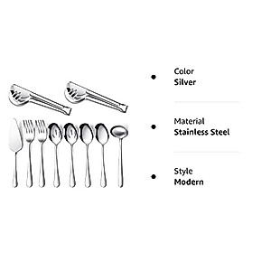 Serving Utensils Include Large Serving Spoons Slotted Serving Spoons Serving Forks Serving Tongs Soup Ladle and Pie Server Buffet Catering Serving Utensils for Dishwasher Safe (Silver,10 Pieces)