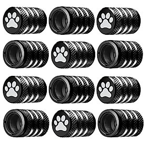 Tire Valve Stem Cap Cover - (12 Pack) Tire Air Caps Metal with Plastic Liner Corrosion Resistant Leak-Proof Cat/Dog Paw for Car Truck Motorcycle Bike Black