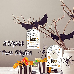 Halloween Tag Decoration 50PCS Halloween Ghost Tag with Jute String Trick or Treat Happy Boo Day for Halloween Party Gift Wrapping Candy Bag Decoration