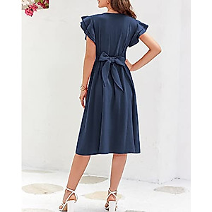 LAOCERENCE Womens Tea Party Elegant Midi Dress Ruffle Sleeves V Neck Slim Fit Tie Waist A line Dresses Summer Vocation Navy