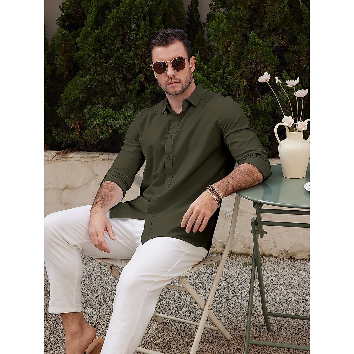 JEKAOYI Mens Casual Long Sleeve Cotton Linen Shirts Buttons Down Solid Plain Roll-Up Sleeve Summer Beach Shirts Olive Green
