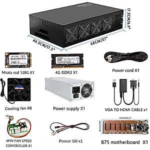 VTRETU Ethereum GPU Mining Rig with 8 GPU Mining Motherboard and 2000W Power Supply（110-264V） 8 Cooling Fans for Crypto Mining Rig Complete ETH Miner (Excluding GPU), black (V01)