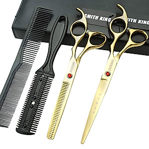 7.0 Inches Hair Cutting Scissors Set with Combs Lether Scissors Case,Hair cutting shears Hair Thinning shears For Personal and Professional (Gold)