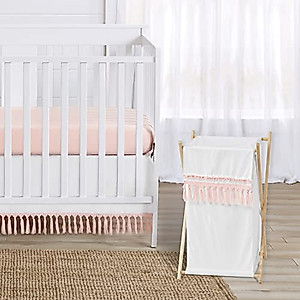 Sweet Jojo Designs Boho Bohemian Baby Kid Clothes Laundry Hamper - Blush Pink and White Farmhouse Shabby Chic Designer Modern Minimalist Tassel Fringe Macrame Cotton